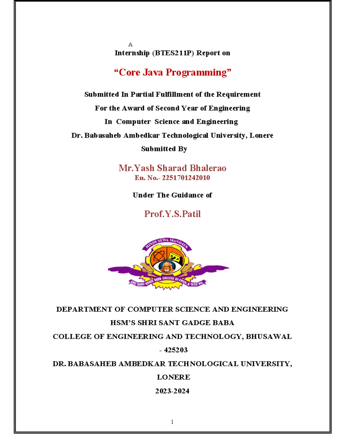 Interanship report - A Internship (BTES211P) Report on “Core Java ...