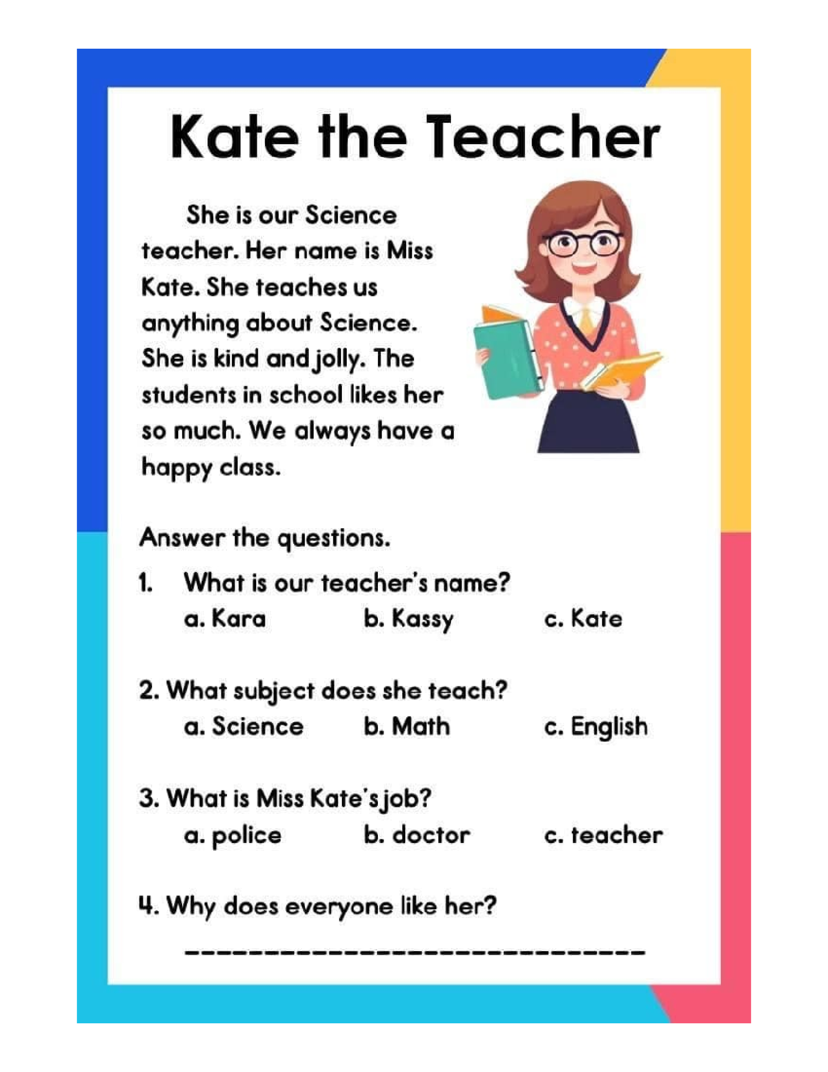 Grade 1 Reading Comprehension Worksheet - Kate the Teacher She is our ...