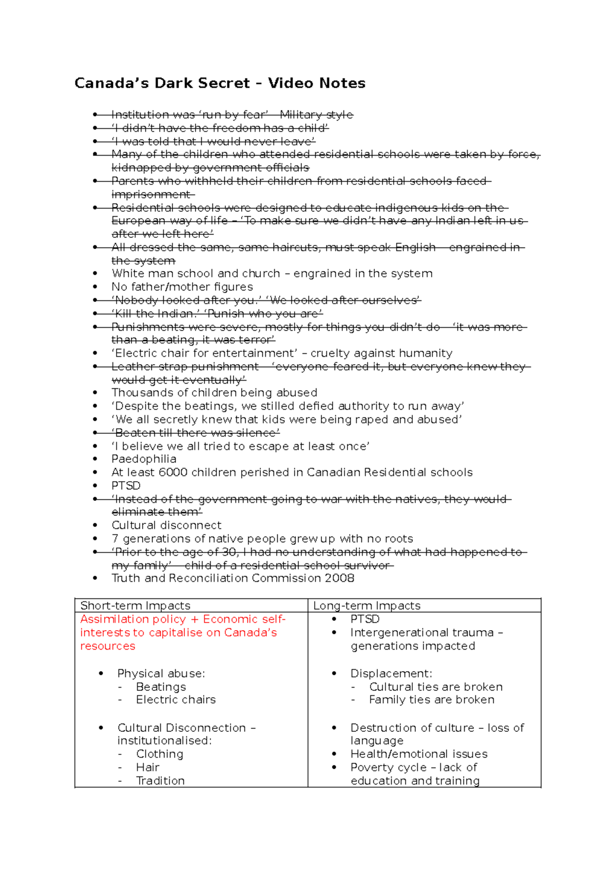 Canada’s Dark Secret – Video Notes - ’ ‘We looked after ourselves ...