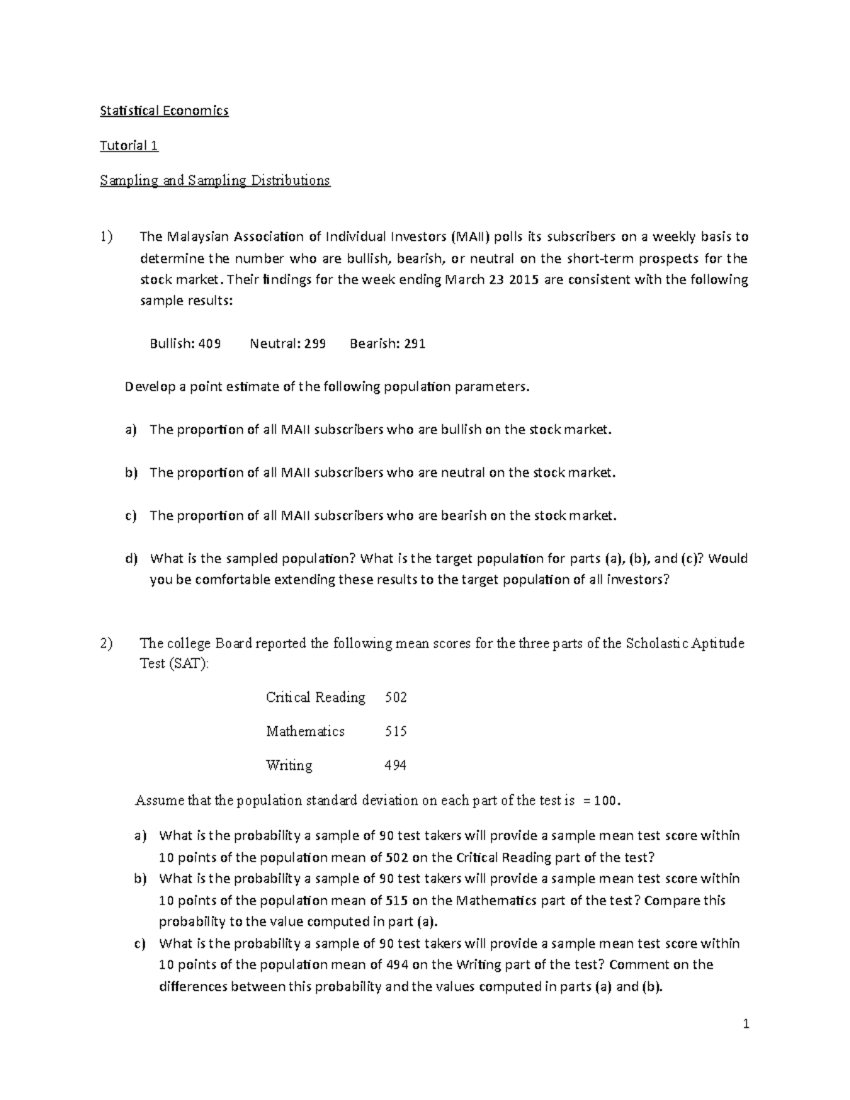Tutorial 1 updated - niiiiiiiiiiiiii - Statistical Economics Tutorial 1 Sampling and Sampling ...