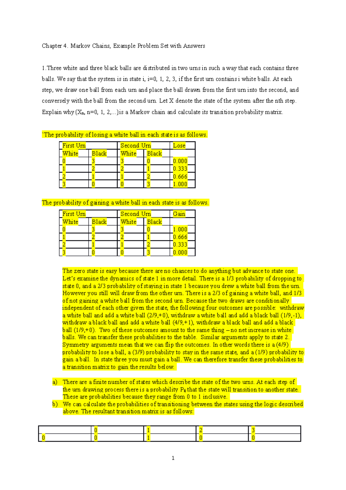 Chapter 4 Markov Chain Problems Chapter 4 Markov Chains Example Problem Set With Answers 1