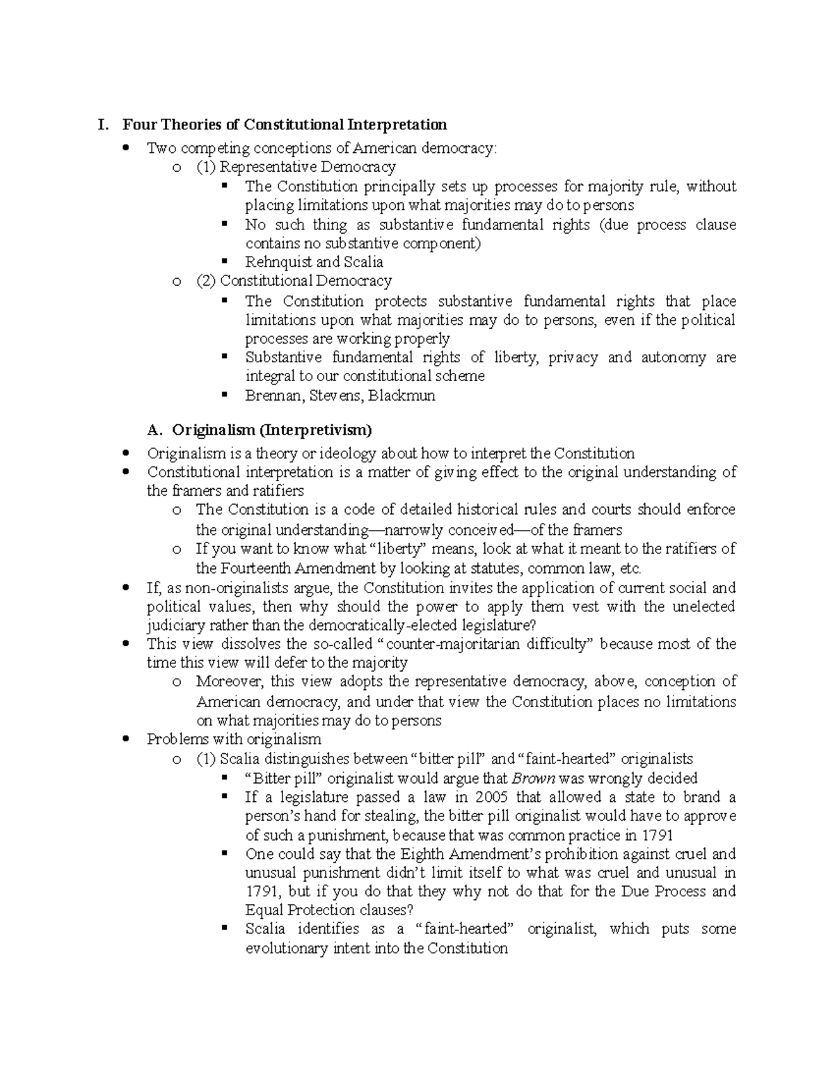 Constitutional Law Outline - 1 - I. Four Theories of Constitutional ...
