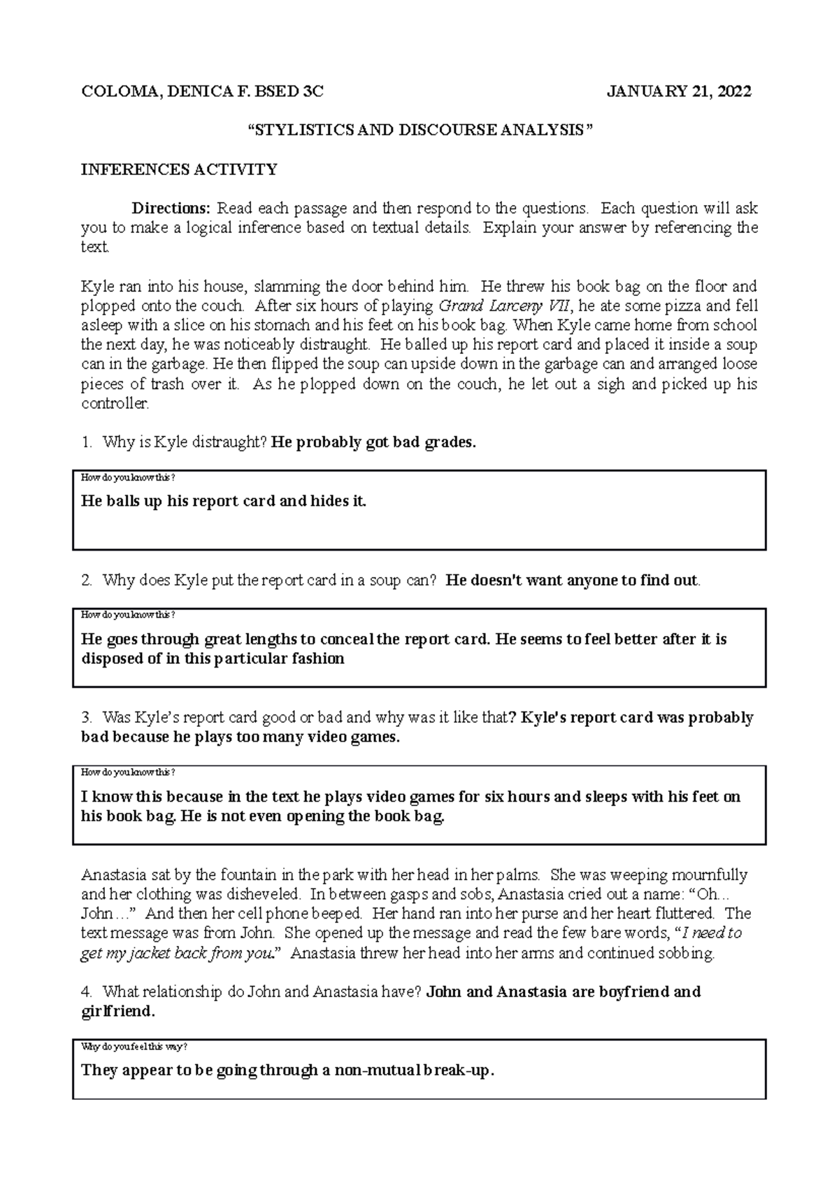 Inferences activity 1 - Bachelor of Secondary Education- 4 - COLOMA ...