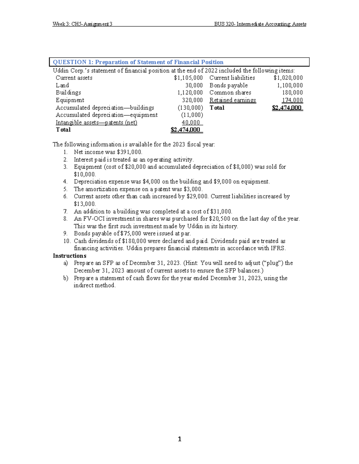 Week 3-Ch5-Assignment 3 - Week 3 : CH 5 - Assignment 3 BUS 320- Intermediate Accounting: Assets ...