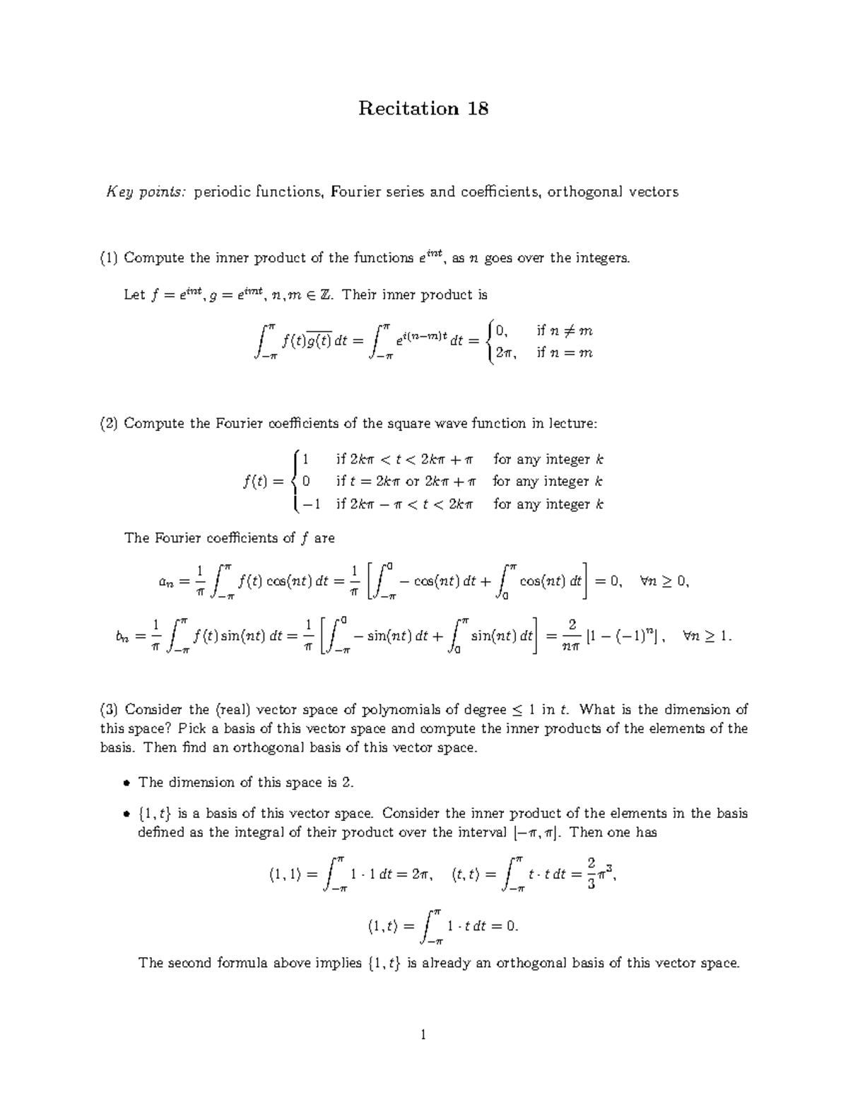 Solution Recitation 18 - November 9 - Recitation 18 Key points: periodic functions, Fourier ...
