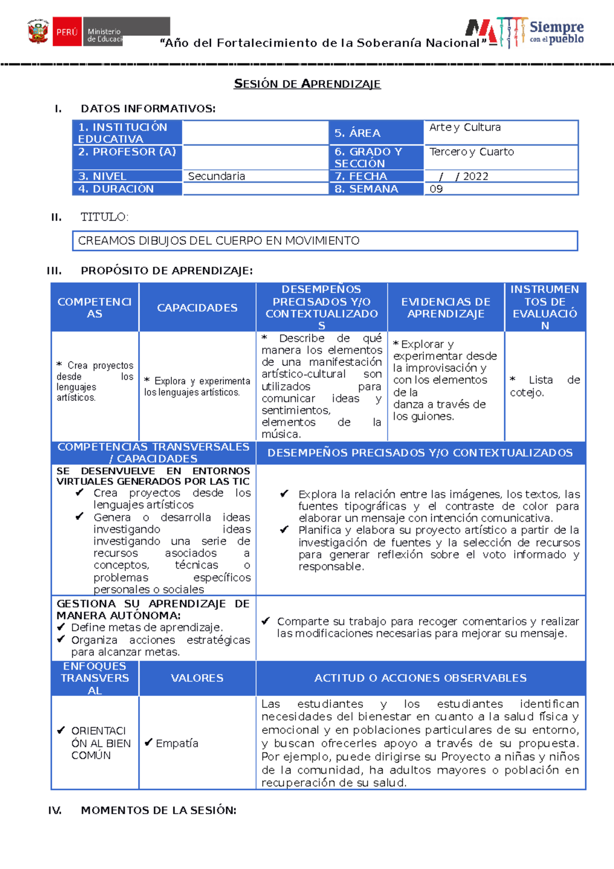Sesion DE Aprendizaje - 3° y 4° - Semana 09 - SESIÓN DE APRENDIZAJE I. DATOS INFORMATIVOS: 1 ...