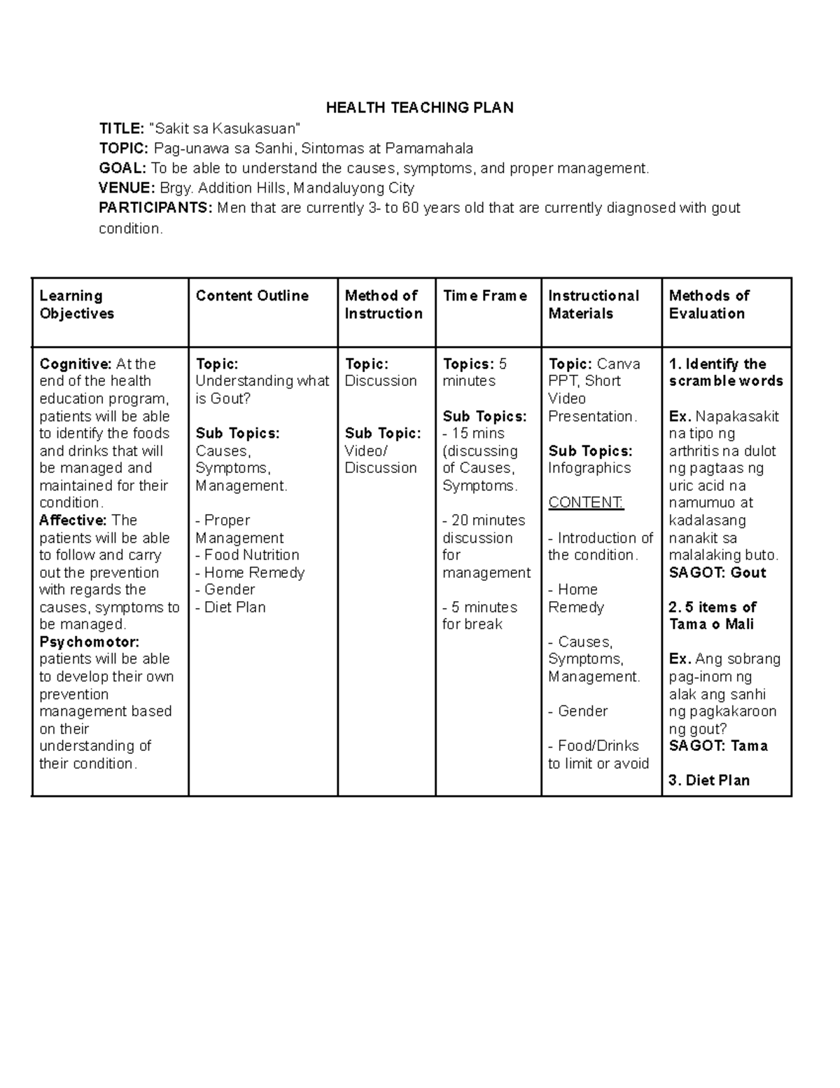 Health Education Program - HEP - HEALTH TEACHING PLAN TITLE: “Sakit sa ...