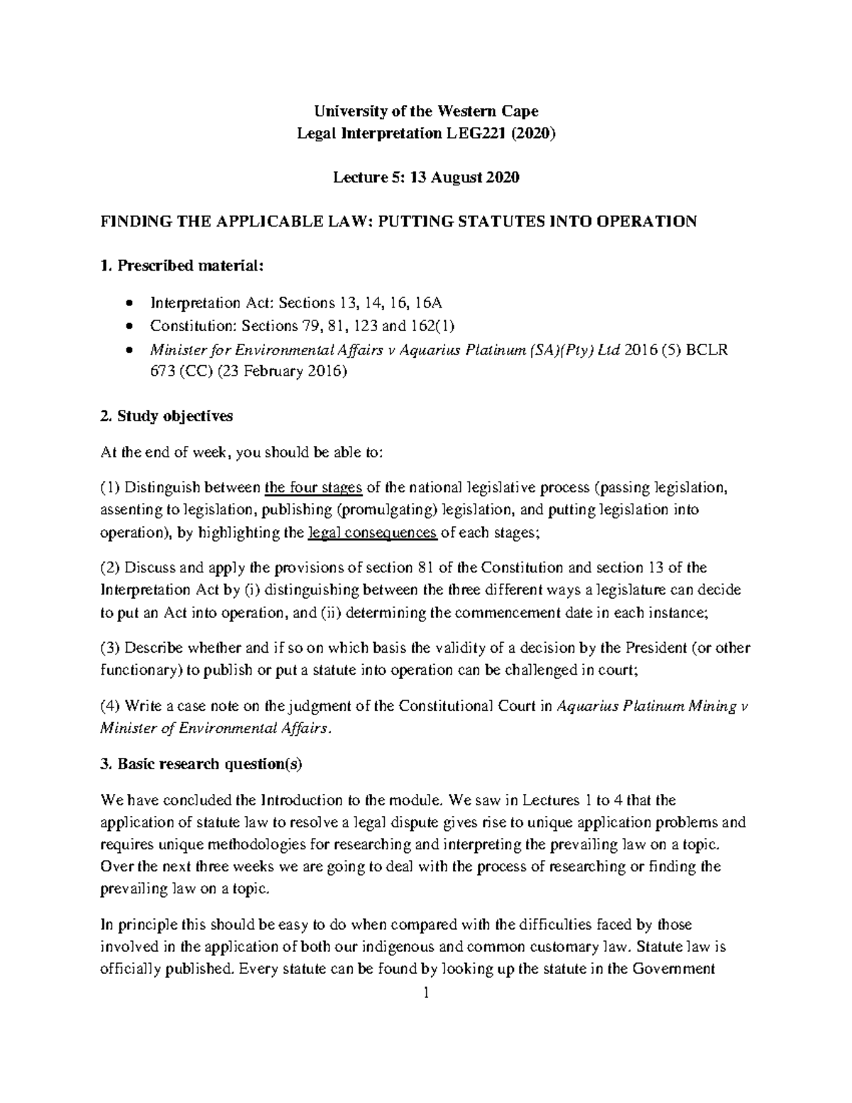 2020 Lecture 5 Putting statutes into operation - University of the ...