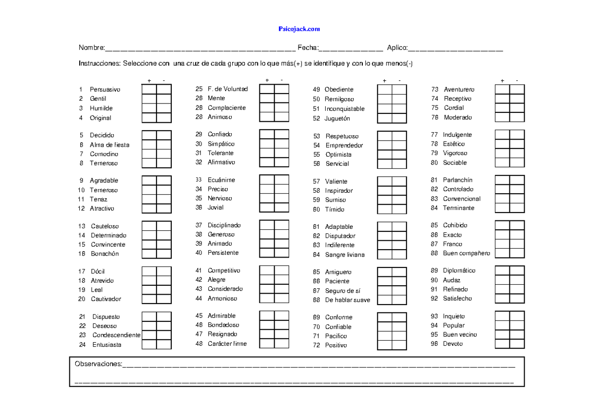 Test de Cleaver (hoja de respuestas) - Psicojack - Studocu