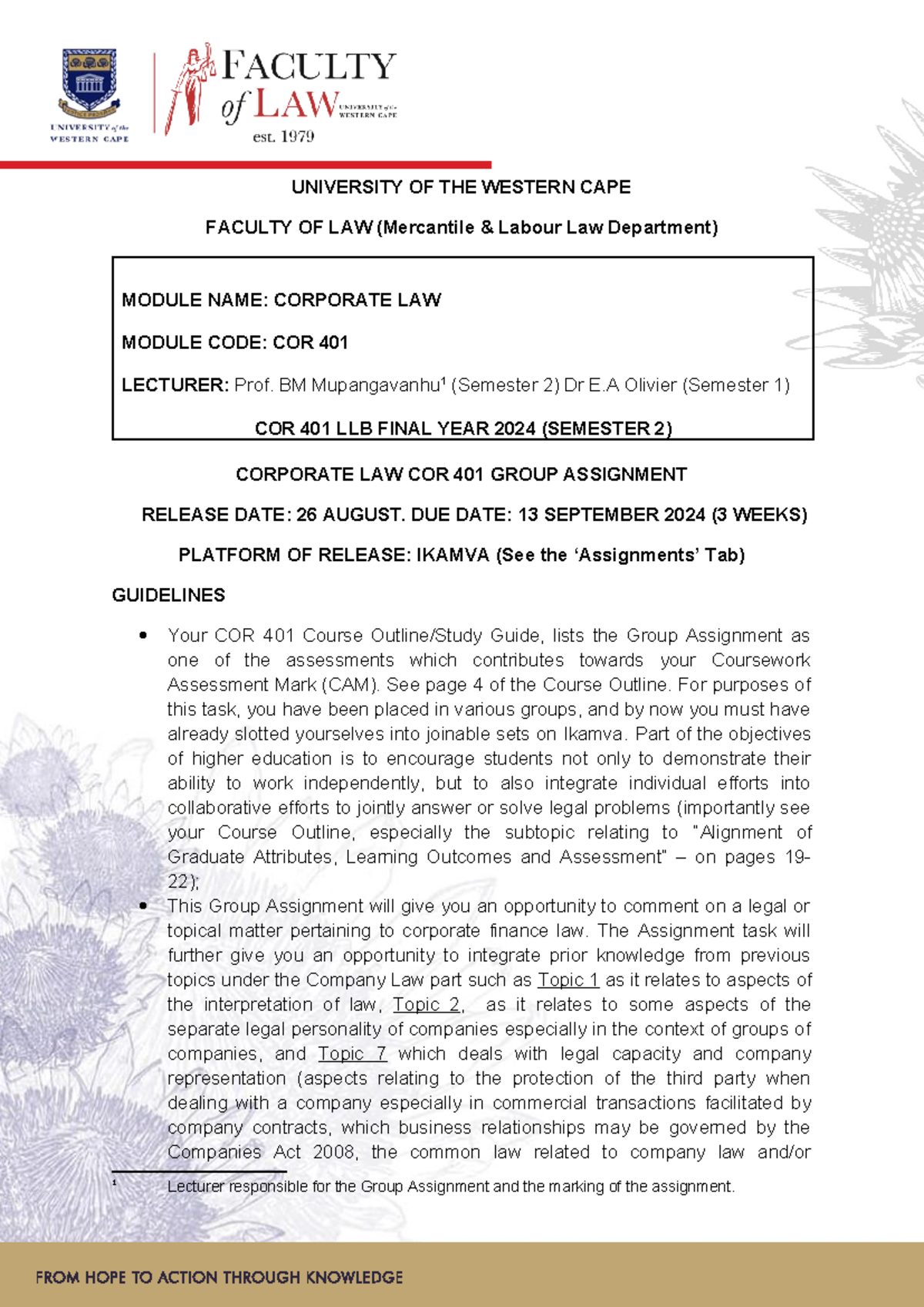 COR 401 Group Assignment - 2024 - UNIVERSITY OF THE WESTERN CAPE ...