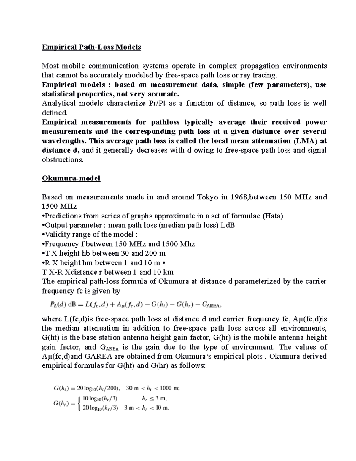 Empirical Path loss models - Empirical Path-Loss Models Most mobile communication systems ...