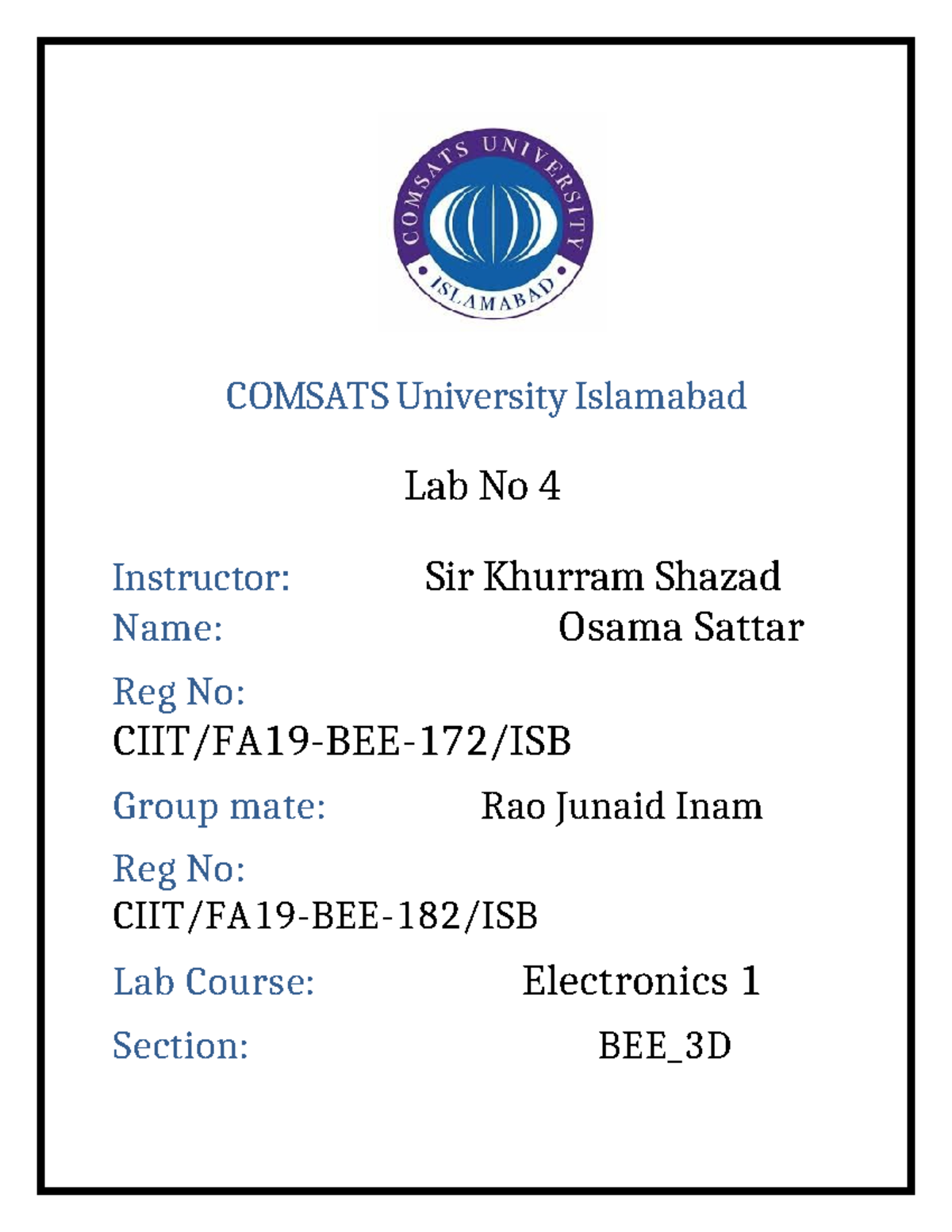 Lab # 4, Osama Sattar, FA19-BEE-172 - COMSATS University Islamabad Lab ...