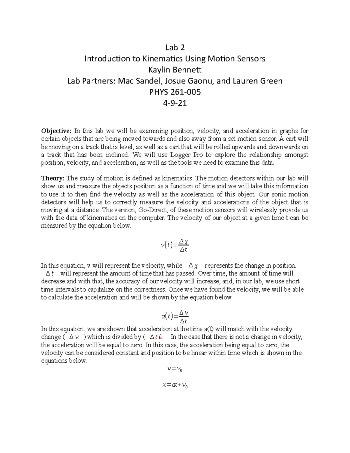 Lab 2 Physics - Grade: A - PHYS 261 - LA Tech - Studocu