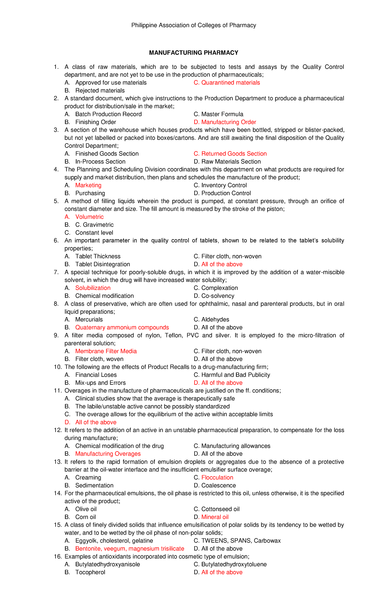 Manufacturing Pharmacy Answer Key-PINK Pacop - Philippine Association ...