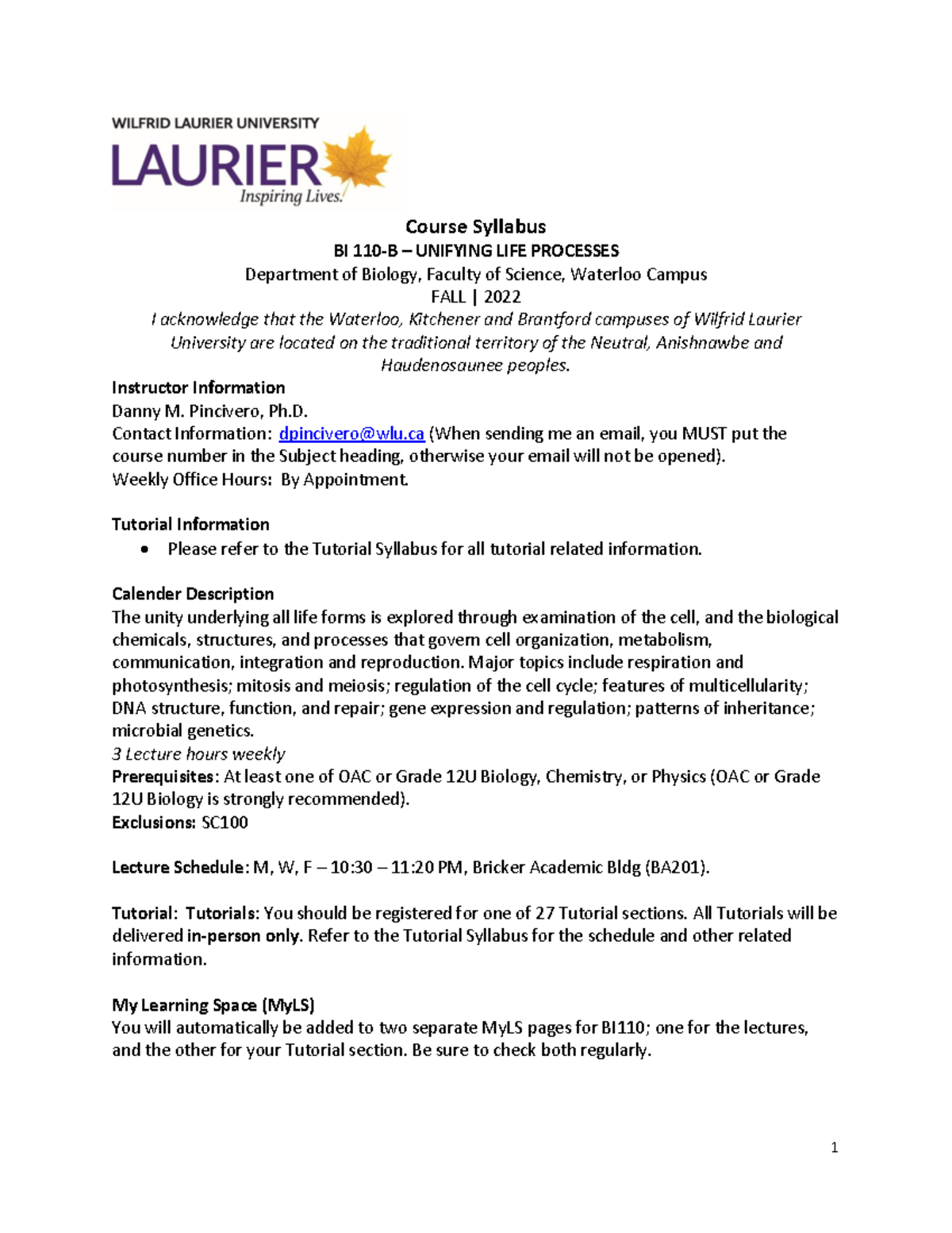 BI 110 Course syllabus - F22 - Course Syllabus BI 110-B – UNIFYING LIFE ...