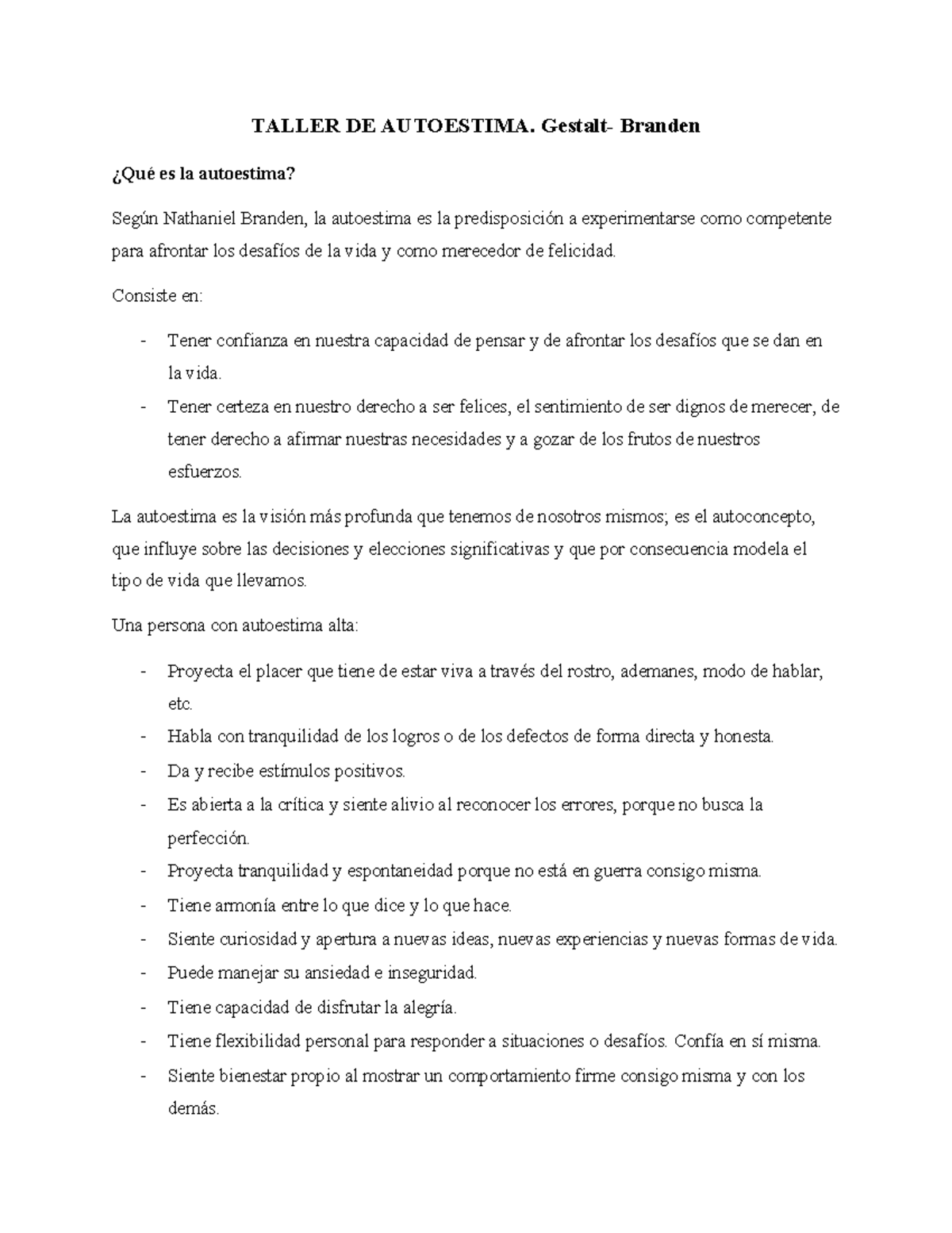 Tarea de lectura Autoestima- Gestalt - TALLER DE AUTOESTIMA. Gestalt ...