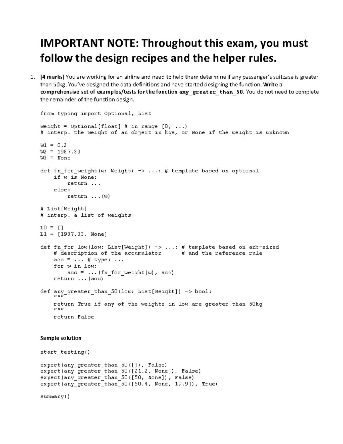 CPSC 103 Sample Midterm 2 2017 W1 Solutions - IMPORTANT NOTE: Throughout this exam, you must ...