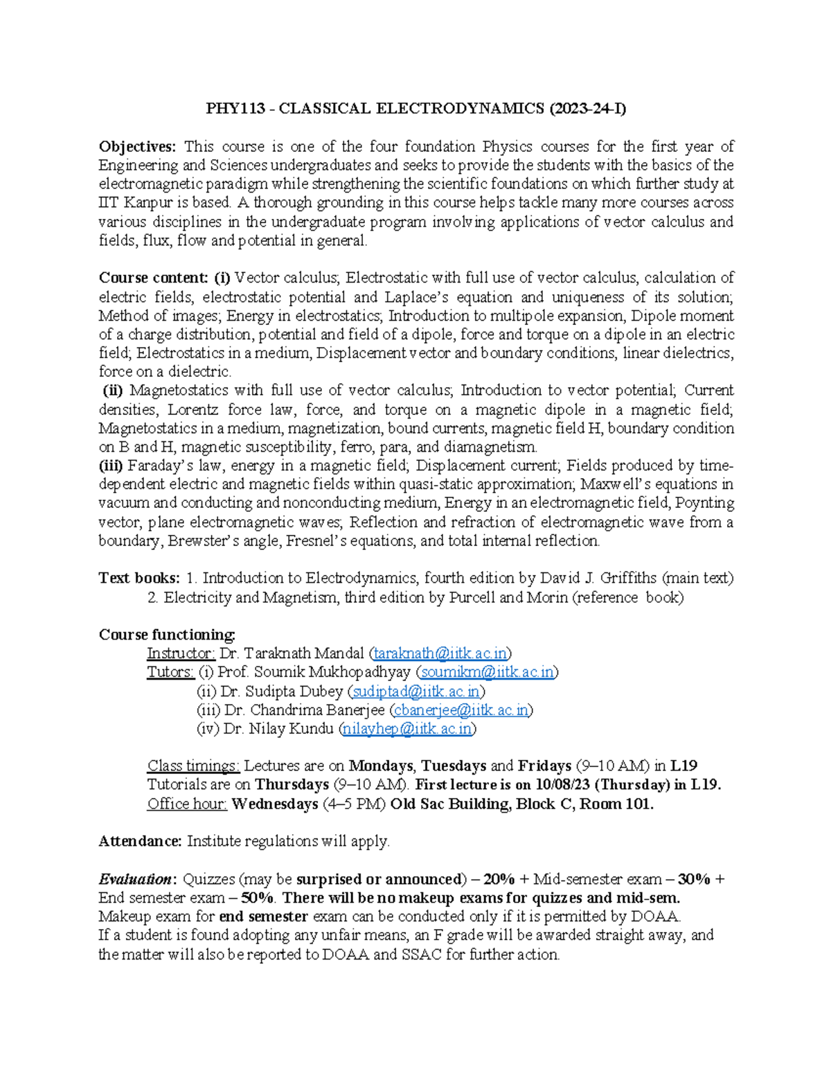 PHY113 FCH - First course handout - PHY113 - CLASSICAL ELECTRODYNAMICS ...