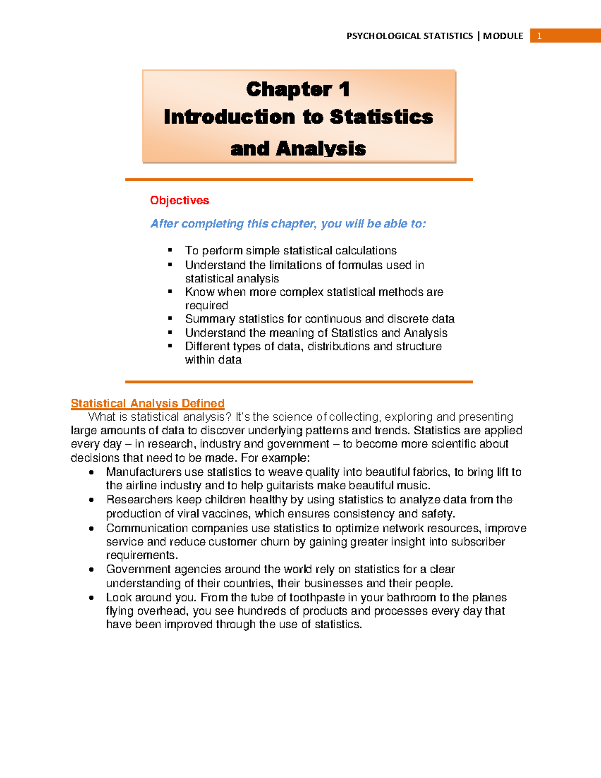Chapter 1 Introduction to Statistics and Analysis - Statistical ...