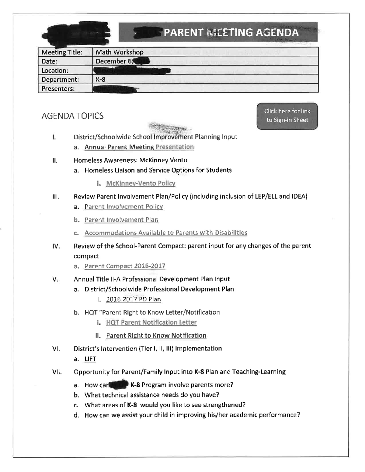 Parent Meeting Agenda Template - Bachelor of secondary Education - Studocu