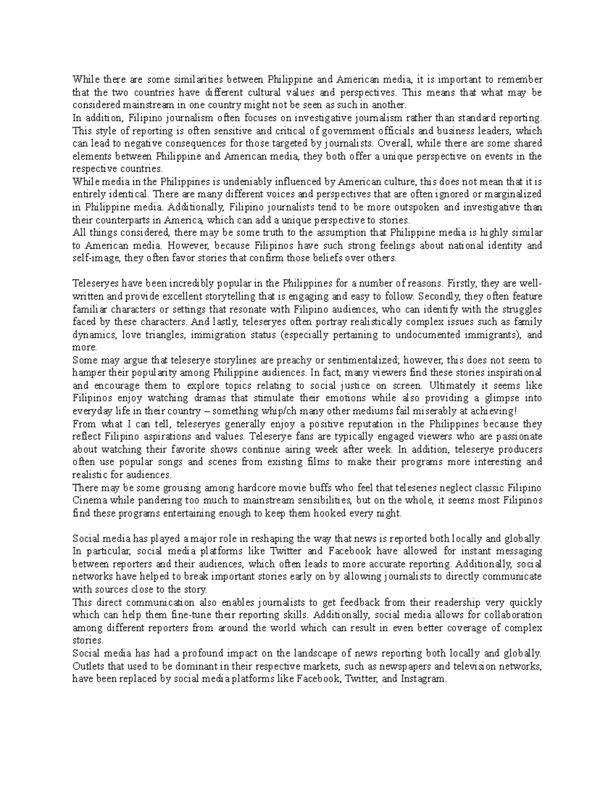 Abunda, E (Q and A-MIL) - Assignment - While there are some similarities between Philippine and ...