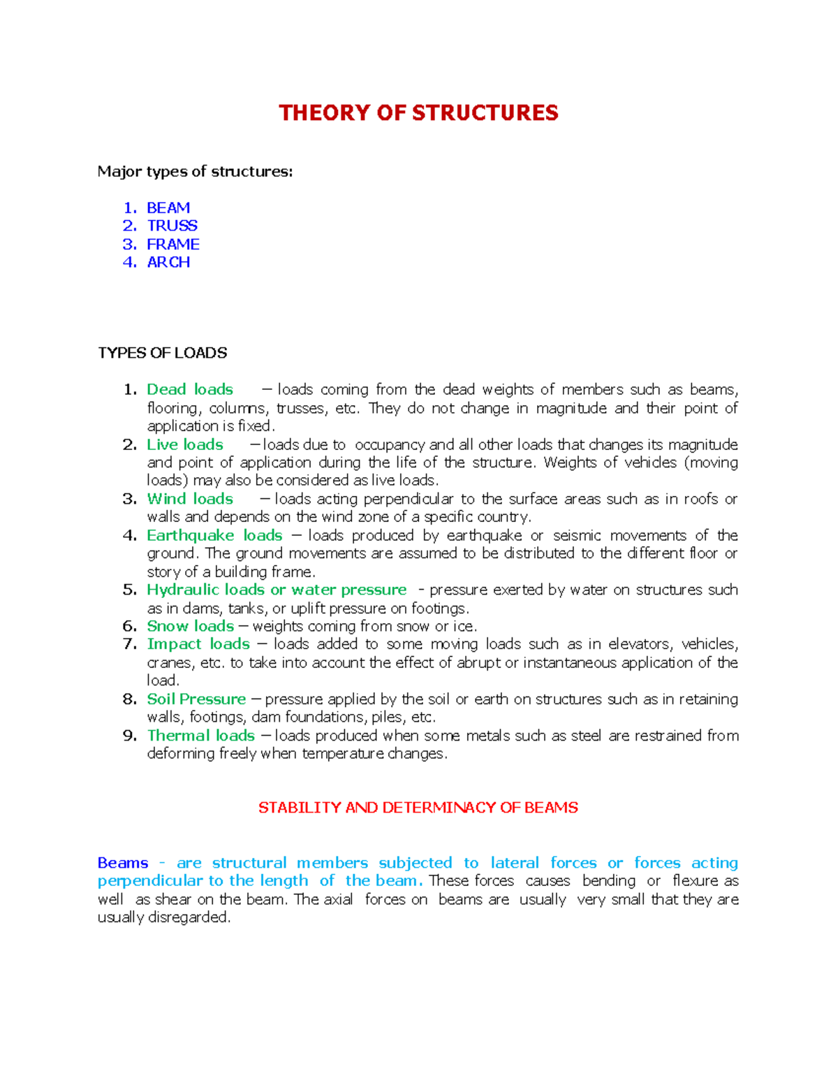Structural Theory Notes - THEORY OF STRUCTURES Major types of ...