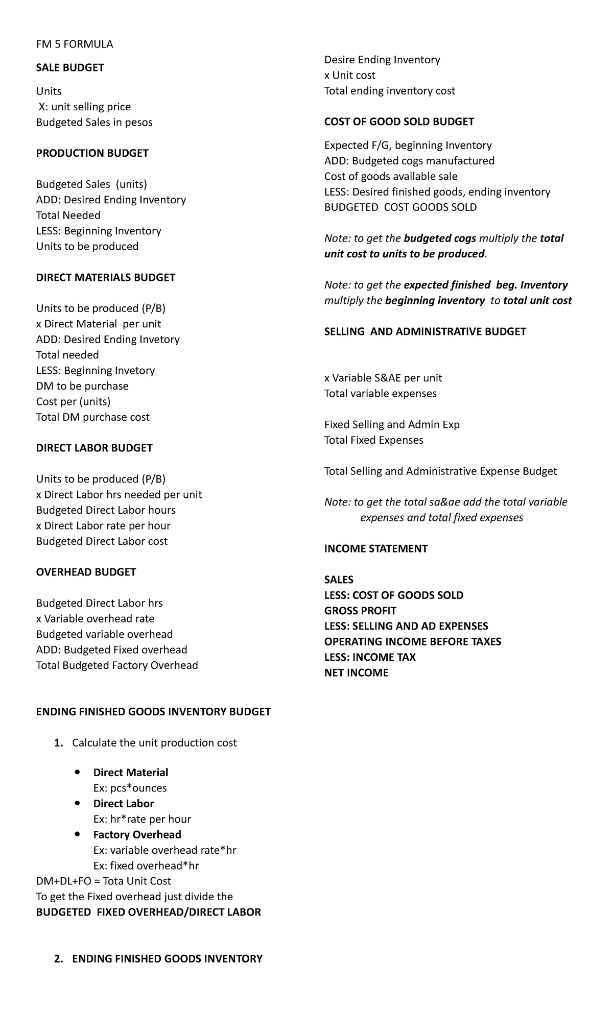 FM 5 Formula - knlk - FM 5 FORMULA SALE BUDGET Units X: unit selling ...