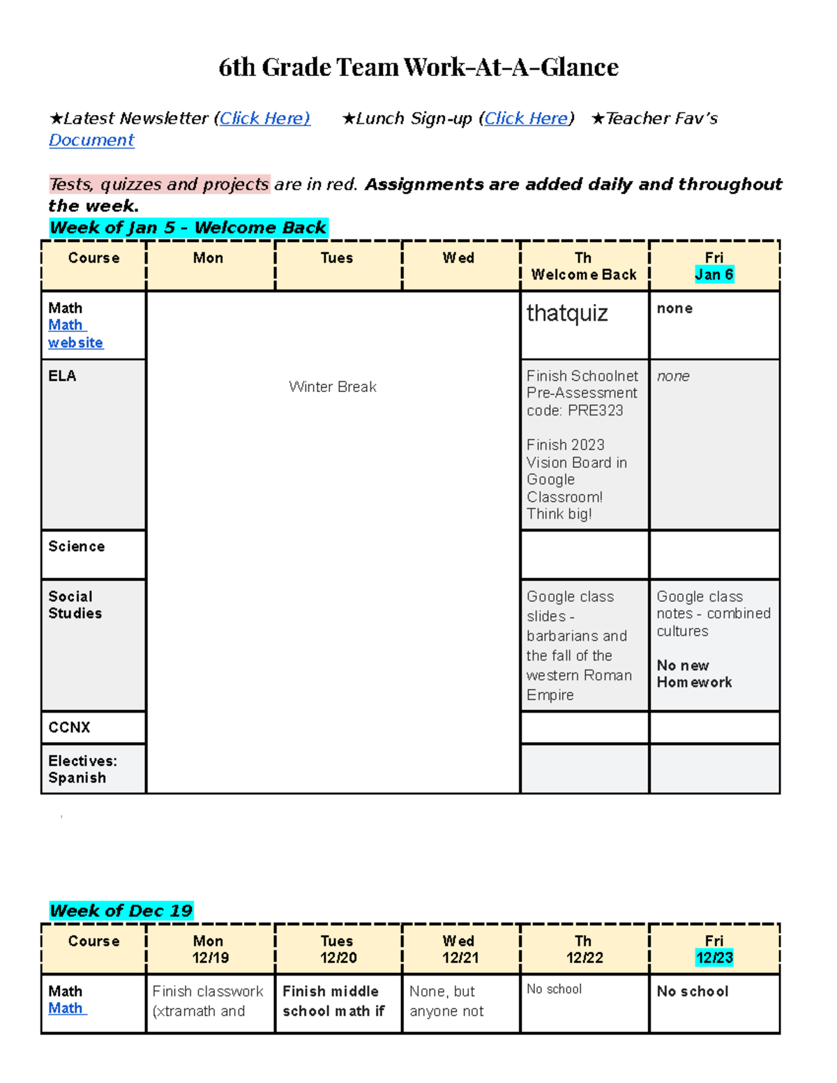 Team Homework - Sixth Grade - 6th Grade Team Work-At-A-Glance ★Latest ...