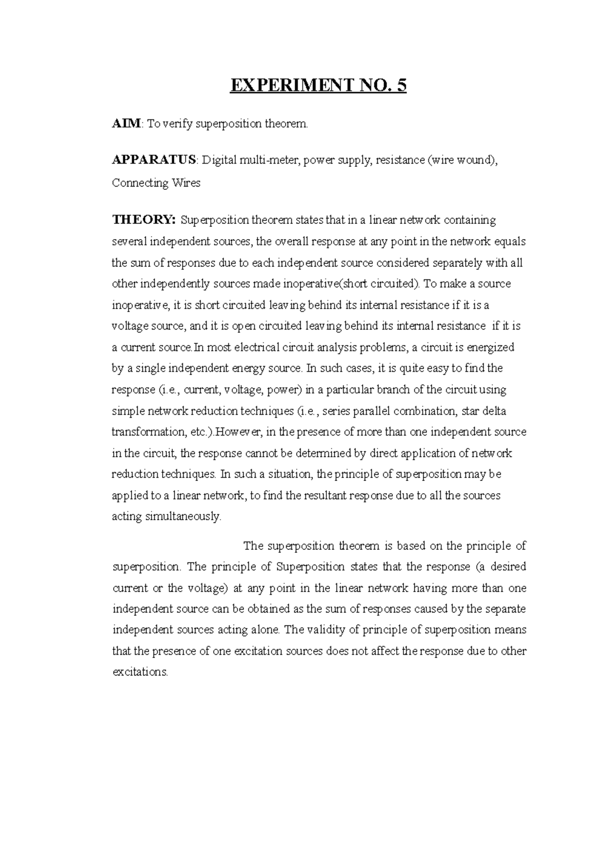 9.To verify superposition theorem - EXPERIMENT NO. 5 AIM : To verify ...