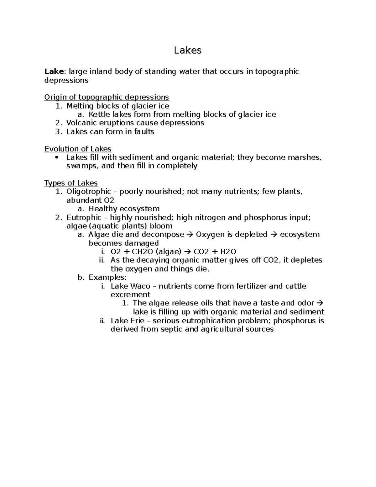 Lakes Lecture Notes - Lakes Lake: large inland body of standing water ...
