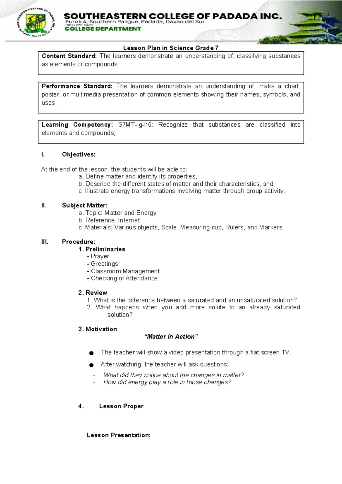 Science LP - Lesson Plan in Science Grade 7 Content Standard: The ...