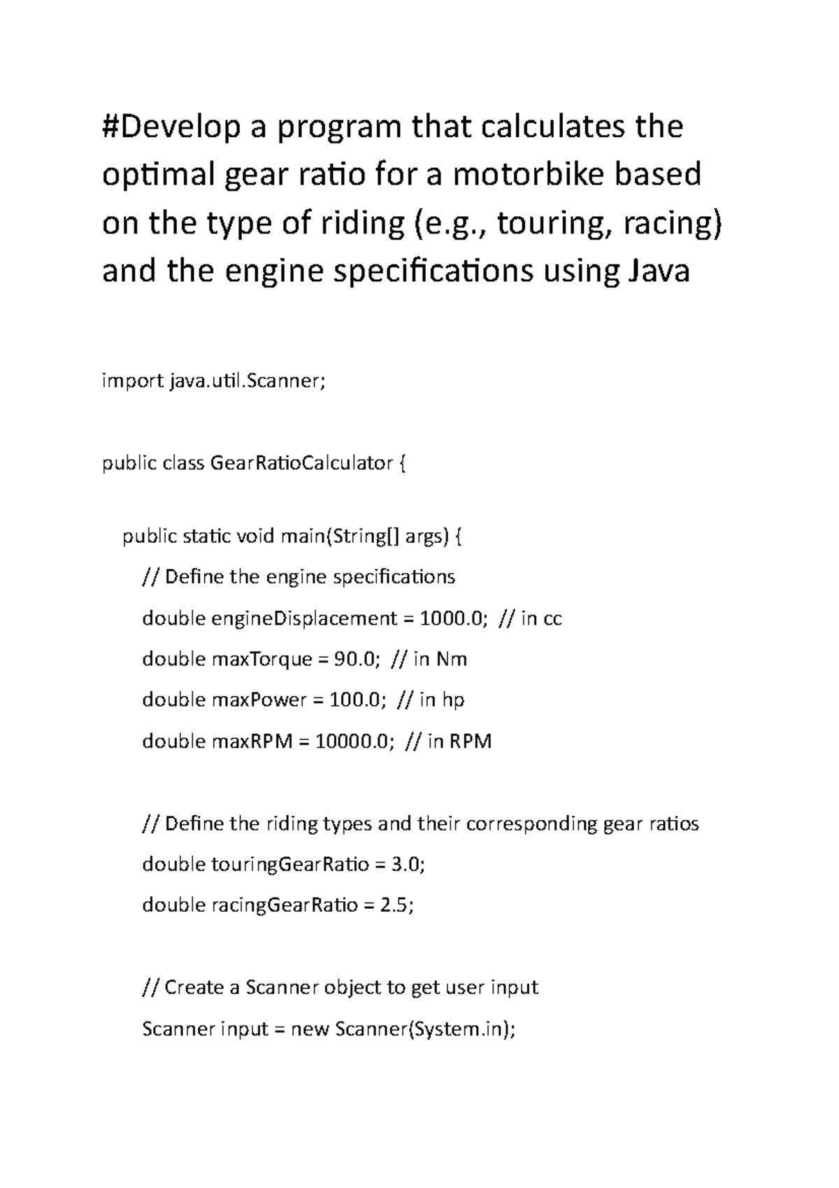 Develop a program that calculates the optimal gear ratio - Java - # ...