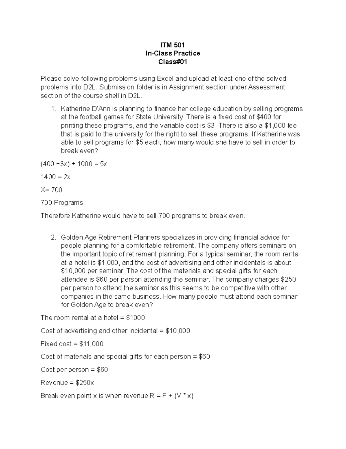 ITM501-Class#01 In Class Practice#01-BEP- Problems - ITM 501 In-Class ...