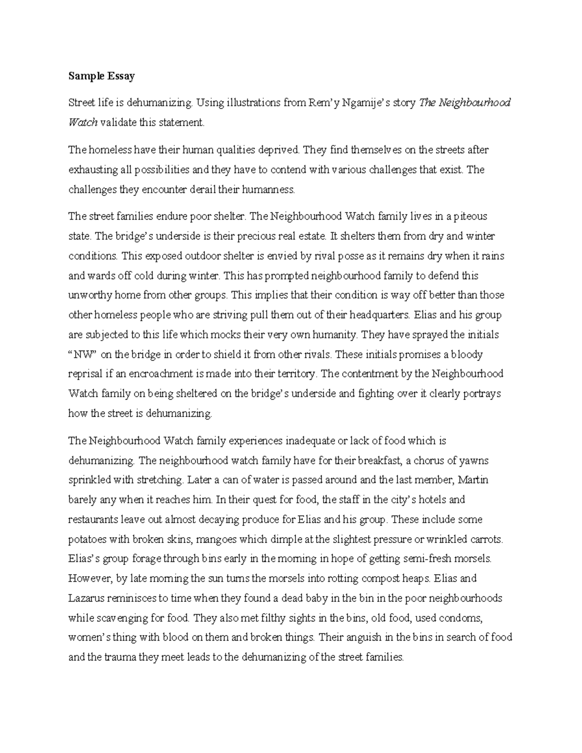 Sample Essay - Sample Essay Street life is dehumanizing. Using ...