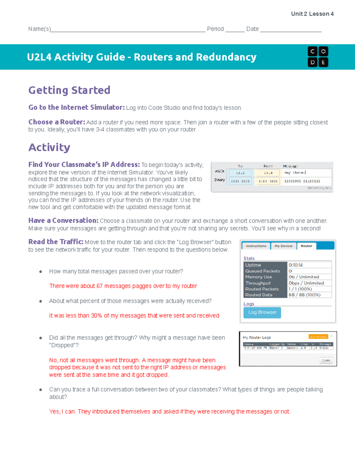 Rounters and Redundency - Unit 2 Lesson 4 Name(s