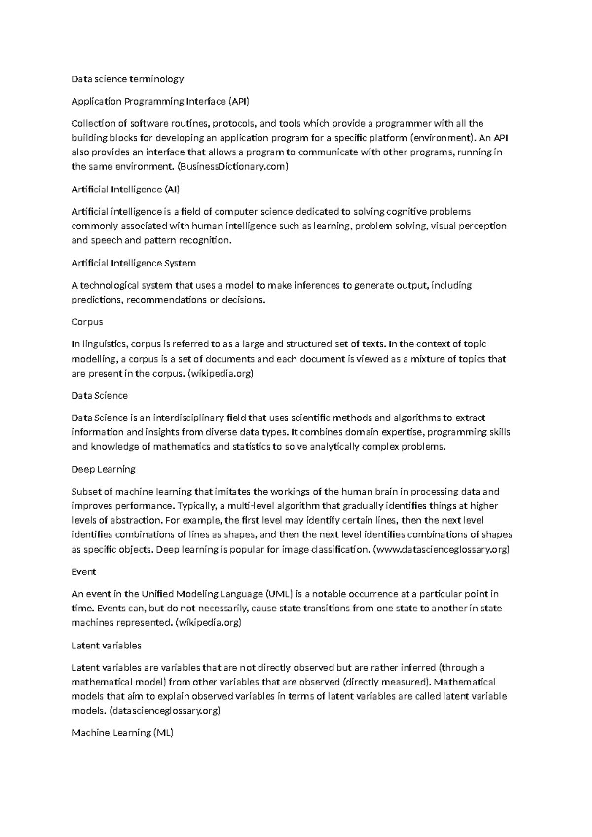 Data Science Terminology Data Science Terminology Application Programming Interface Api