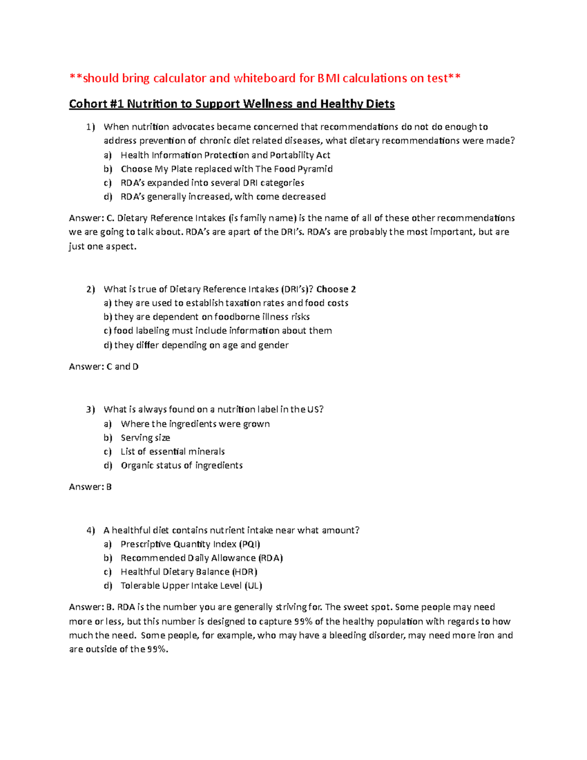 Nutrition Study Questions. Wgu c787 - should bring calculator and ...