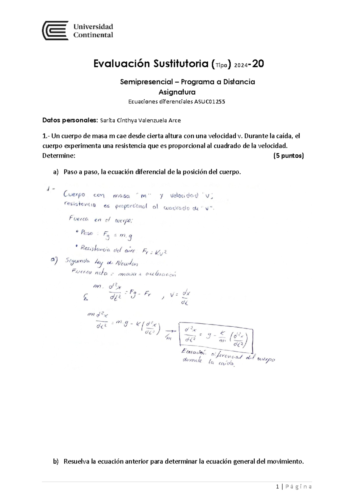 Evaluación sustitutoria Ec diferenciales - Evaluación Sustitutoria (Tipo) 2024 - 20 ...