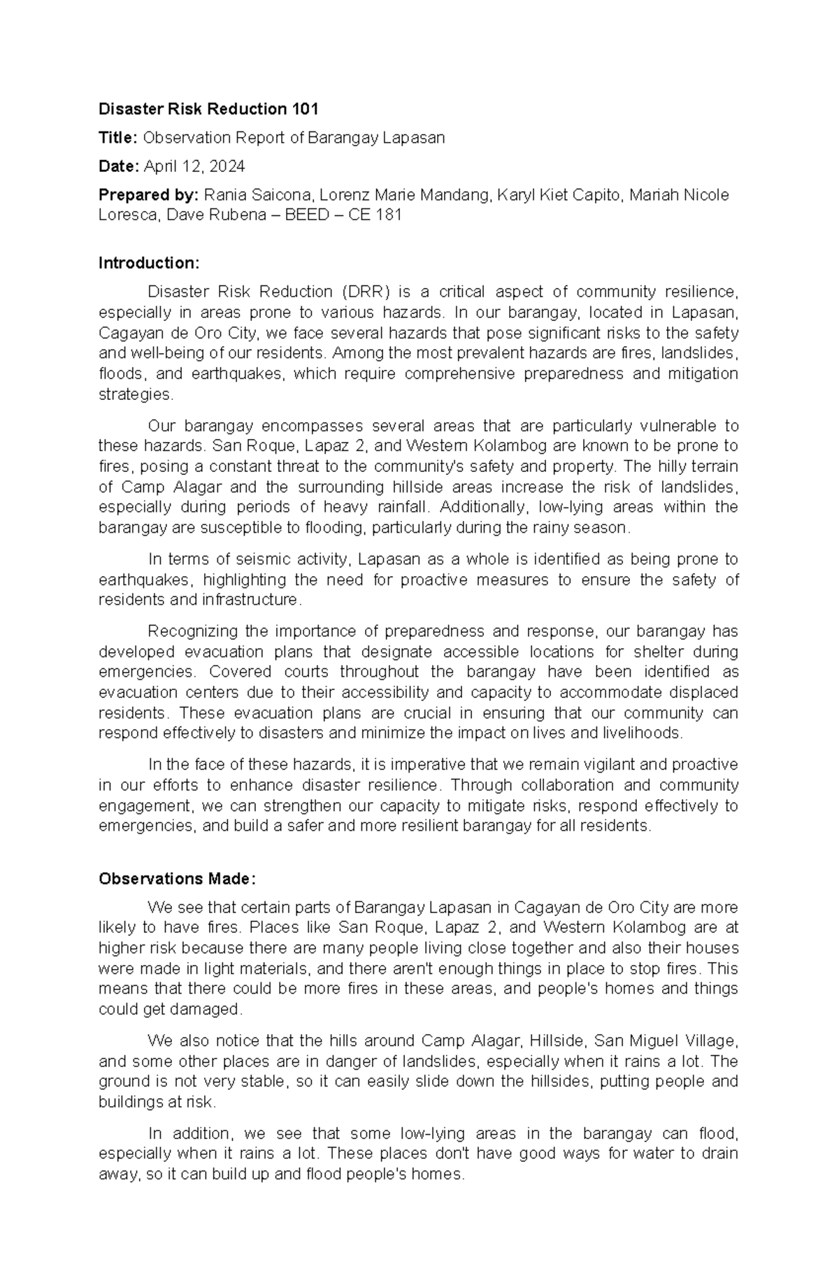 DRR 101 Activity 1 Observations - Disaster Risk Reduction 101 Title ...