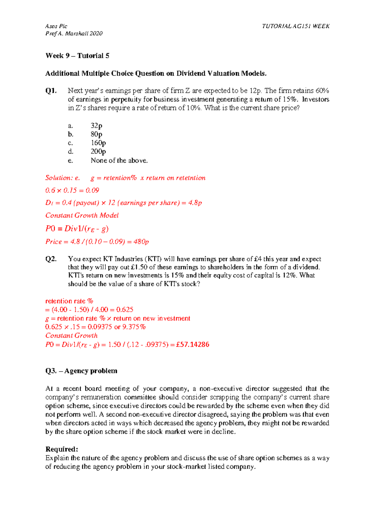 Tutorial Week 9 answers 2020 - Prof A. Marshall 2020 Week 9 – Tutorial ...