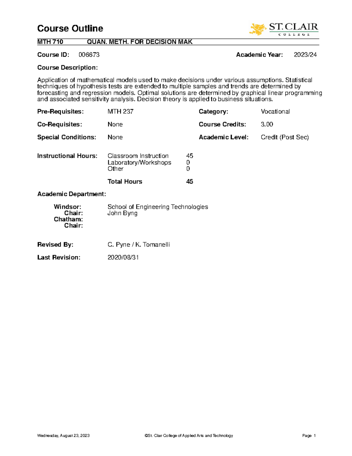 Outline - Course ID: 006673 Academic Year: 2023/ Course Description ...