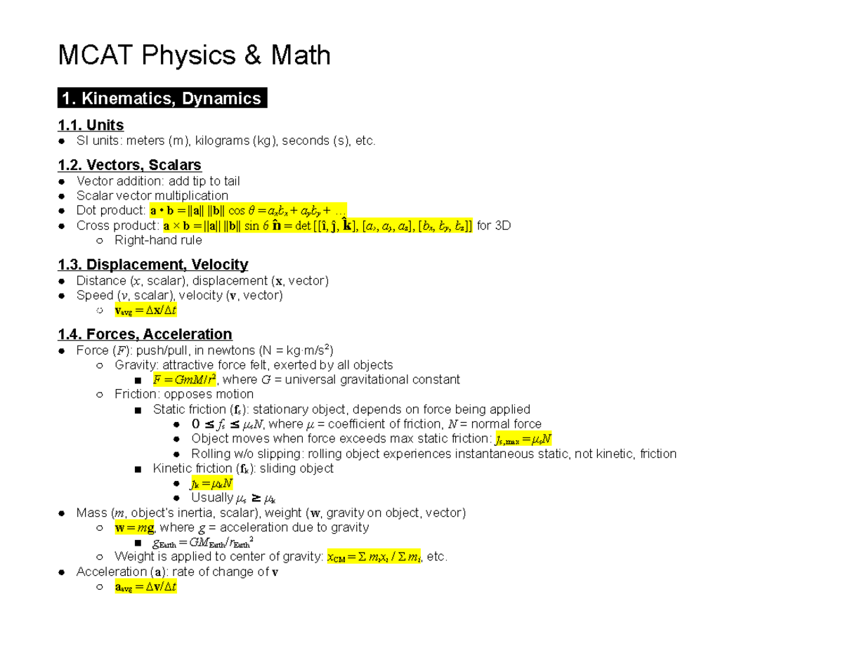 MCAT Physics - Mandatory Assignment - MCAT Physics & Math 1. Kinematics ...