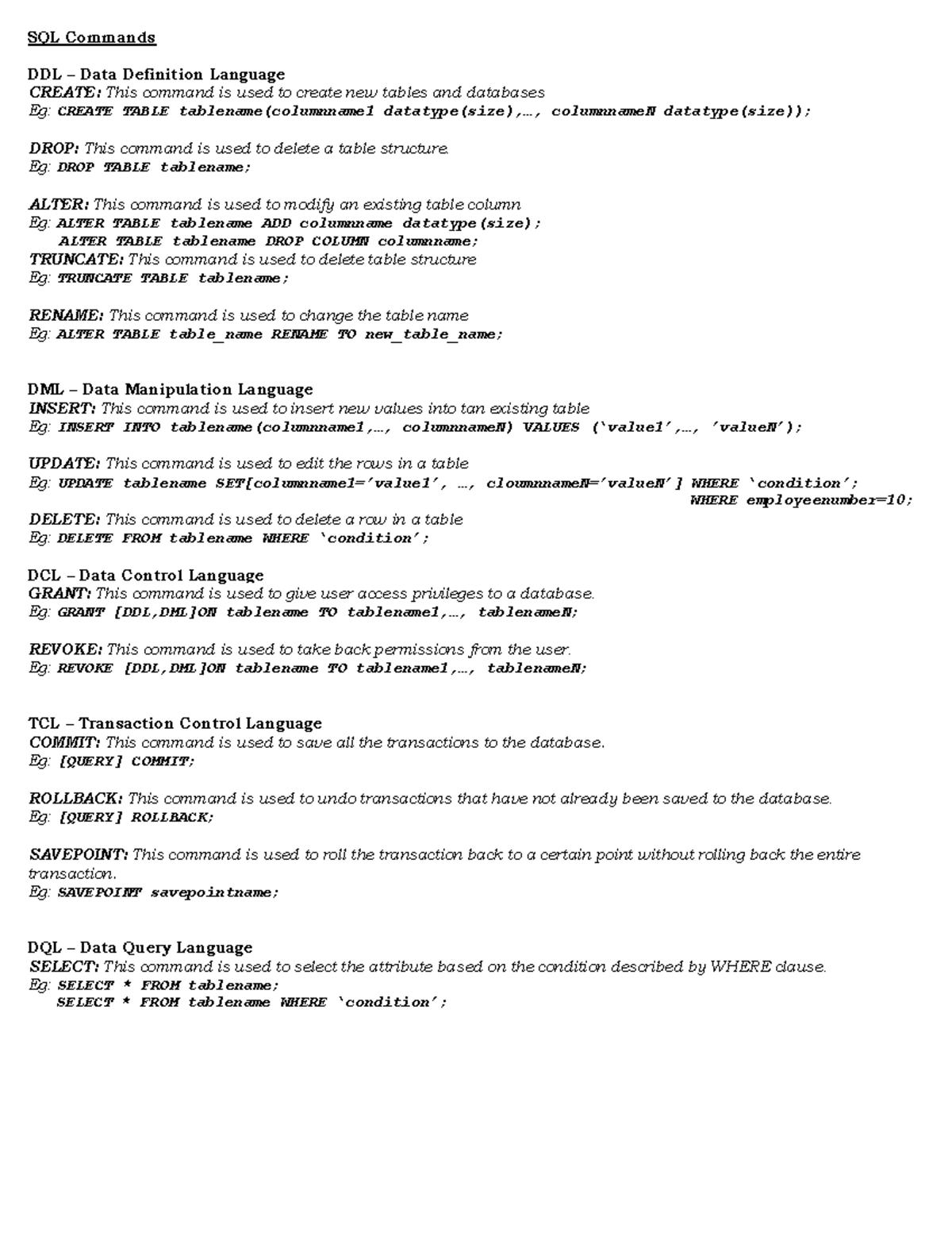 SQL CMND Notes Computer - SQL Commands DDL – Data Definition Language ...