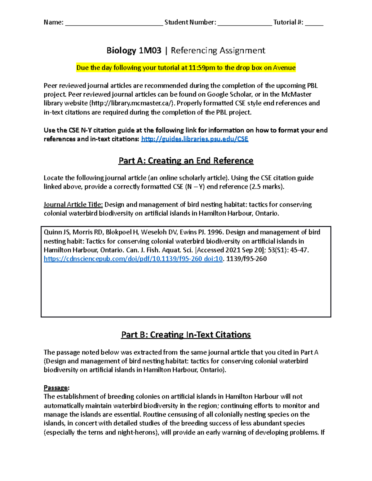 T1) Referencing Assignment - BIO1M03 - McMaster - Studocu