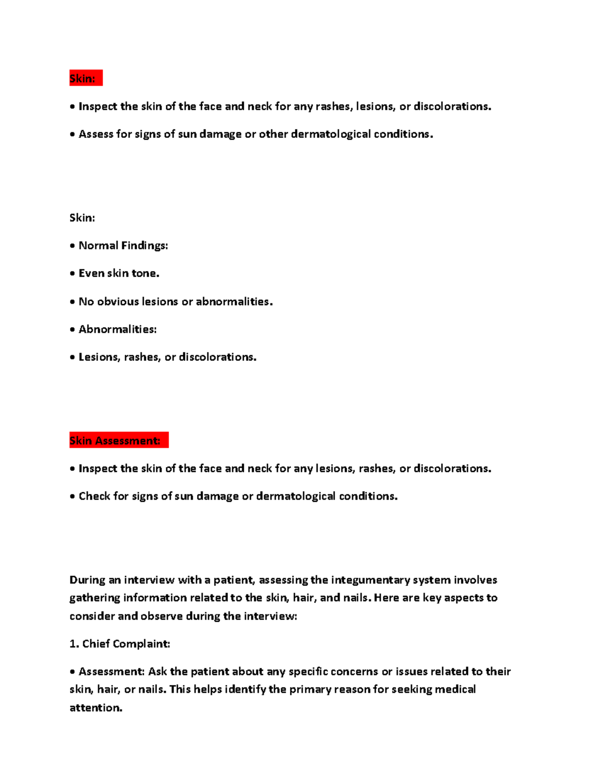 HA-study-guide - Study guide for health assessment - Skin: • Inspect ...