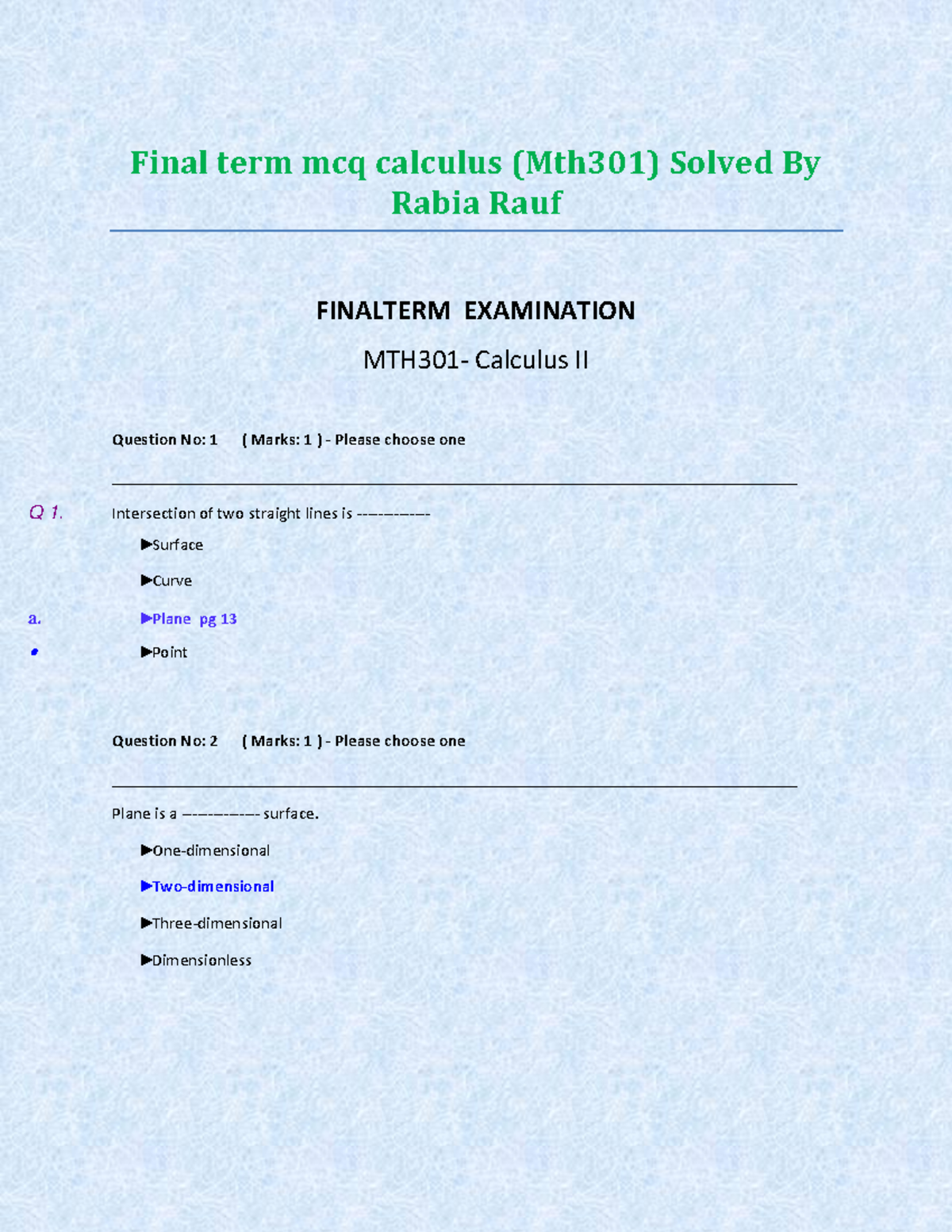 MTH301 Final Term Solved MCQs by Rabia - Final term mcq calculus ...
