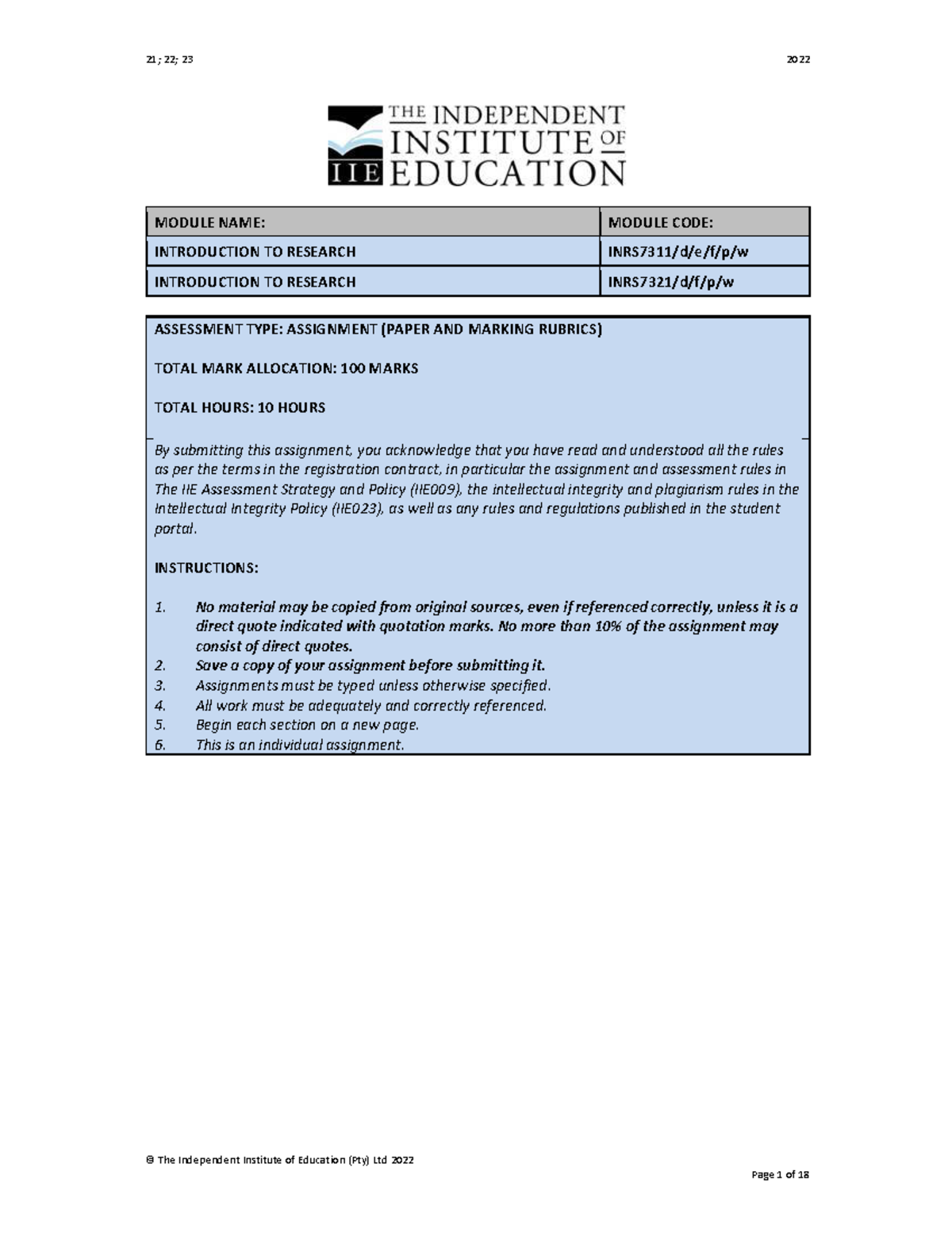 INRS7311 Assignment - MODULE NAME: MODULE CODE: INTRODUCTION TO RESEARCH INRS7311/d/e/f/p/w ...