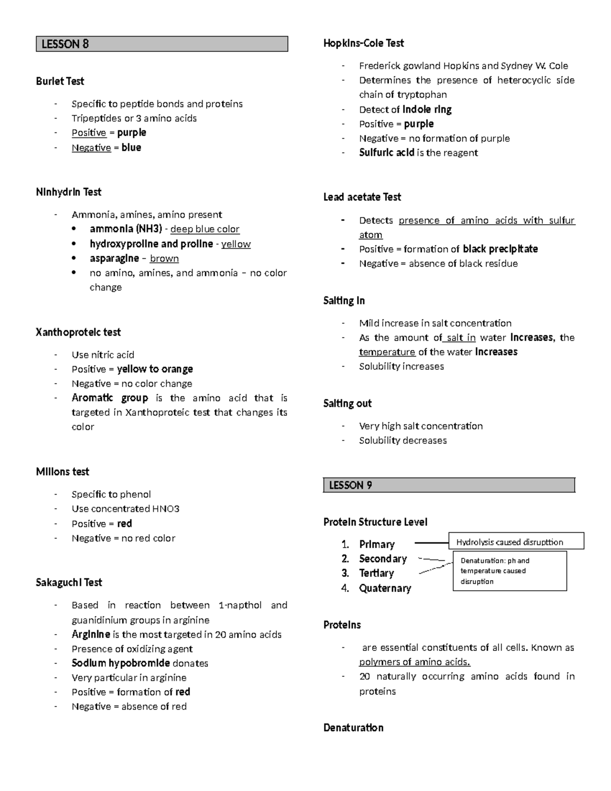 Biochem LAB reviewer - LESSON 8 Buriet Test - Specific to peptide bonds ...