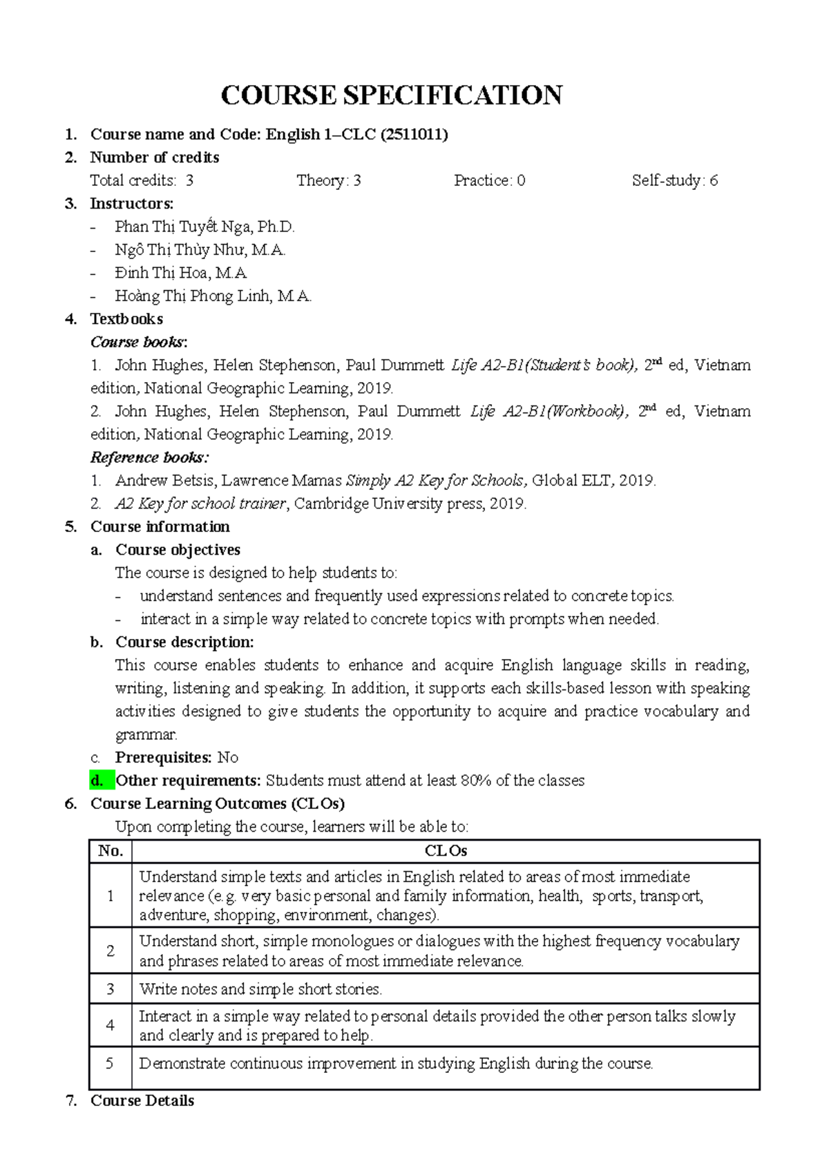 AV1 Đề cương chi tiết - ta1 - COURSE SPECIFICATION Course name and Code ...