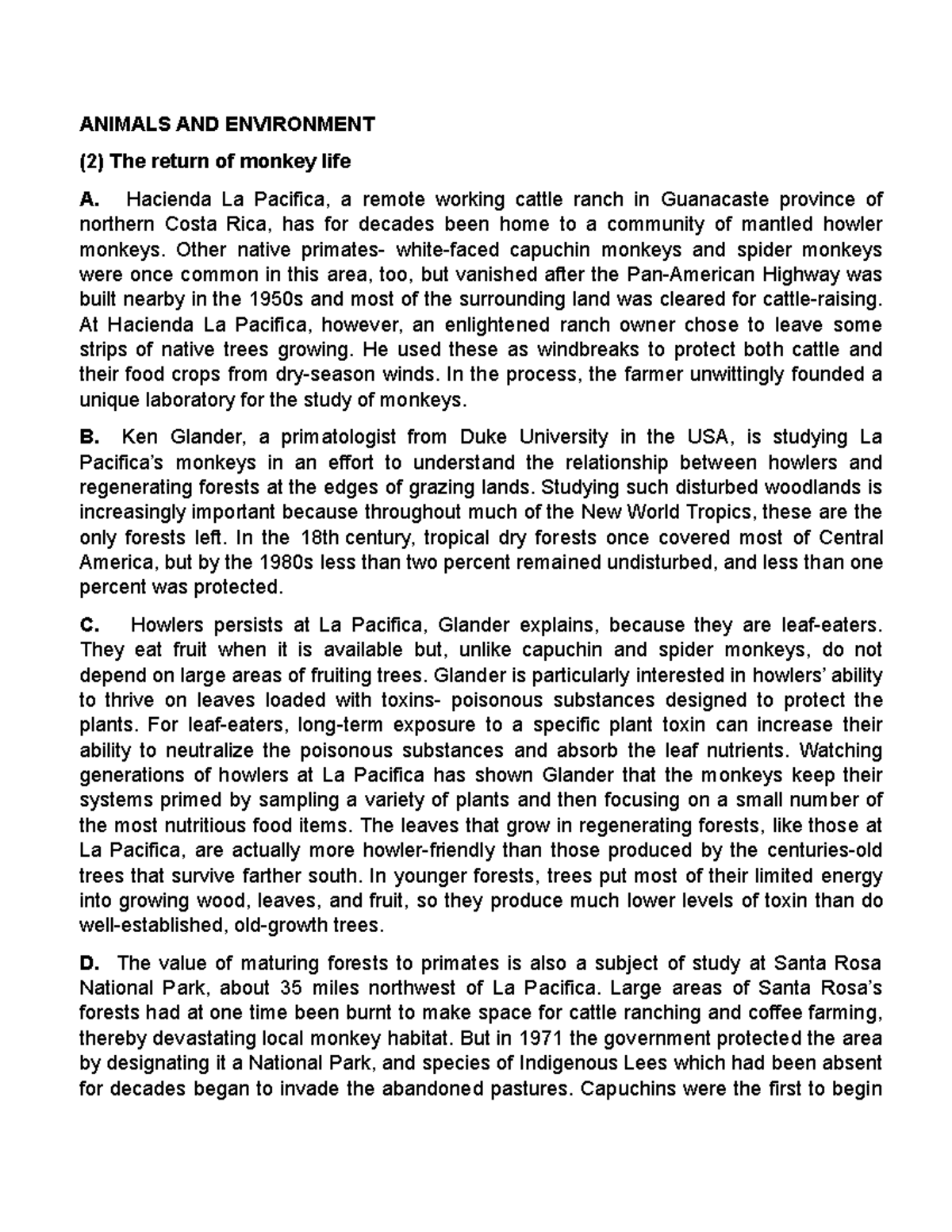 Reading Ielts - Animals AND Habitat Topic - ANIMALS AND ENVIRONMENT (2 ...